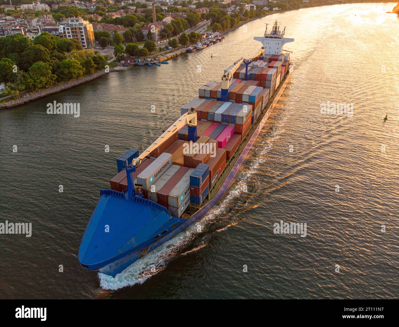 Varna, Bulgaria - 25 may 2022. Aerial top view of cargo container ship ...