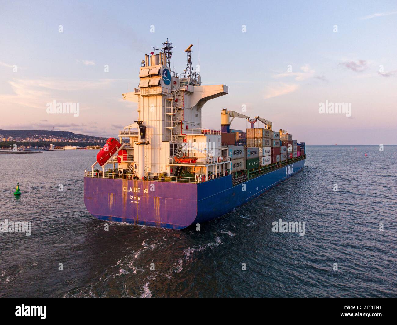 Varna, Bulgaria - 25 may 2022. Aerial top view of cargo container ship ...