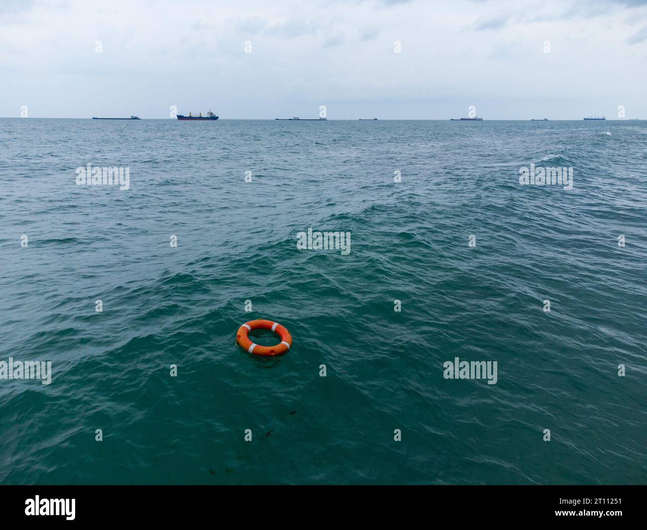 Aerial view of lifebuoy in the sea. Life ring floating in a sea Stock ...