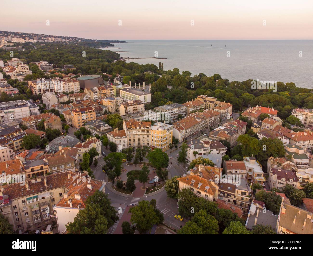 aerial top view of the beautiful city of Varna at sunset, Bulgaria ...