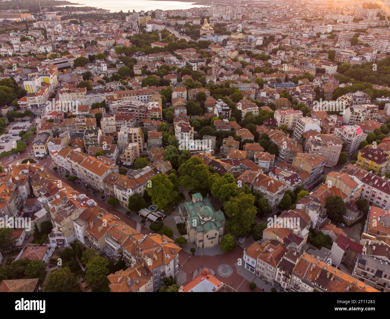 aerial top view of the beautiful city of Varna at sunset, Bulgaria ...