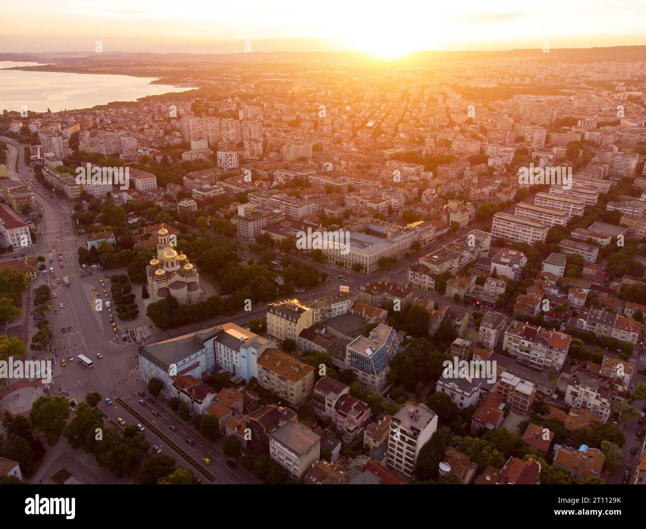 aerial top view of the beautiful city of Varna at sunset, Bulgaria ...