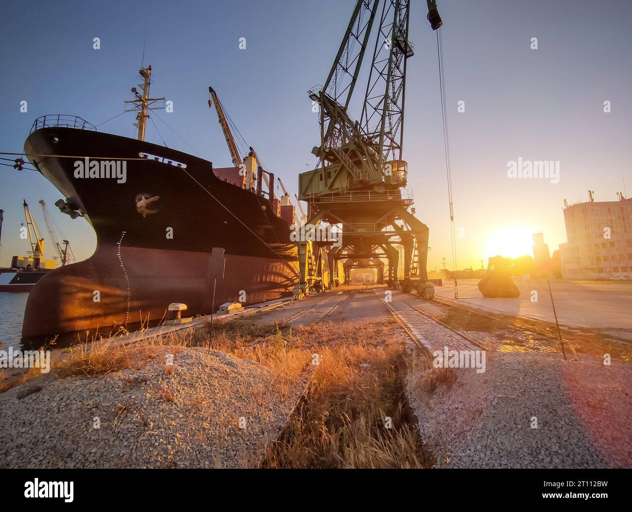 big cargo ship bulk carrier is loaded with grain of wheat in port at ...