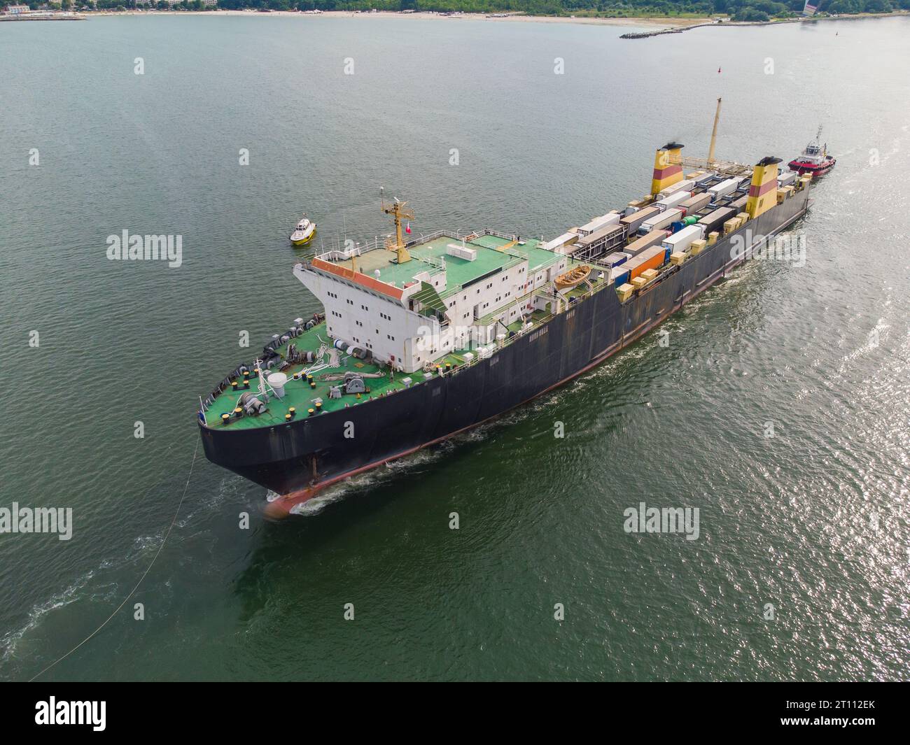 car ferry boat transports trucks in the sea, aerial top view Stock ...