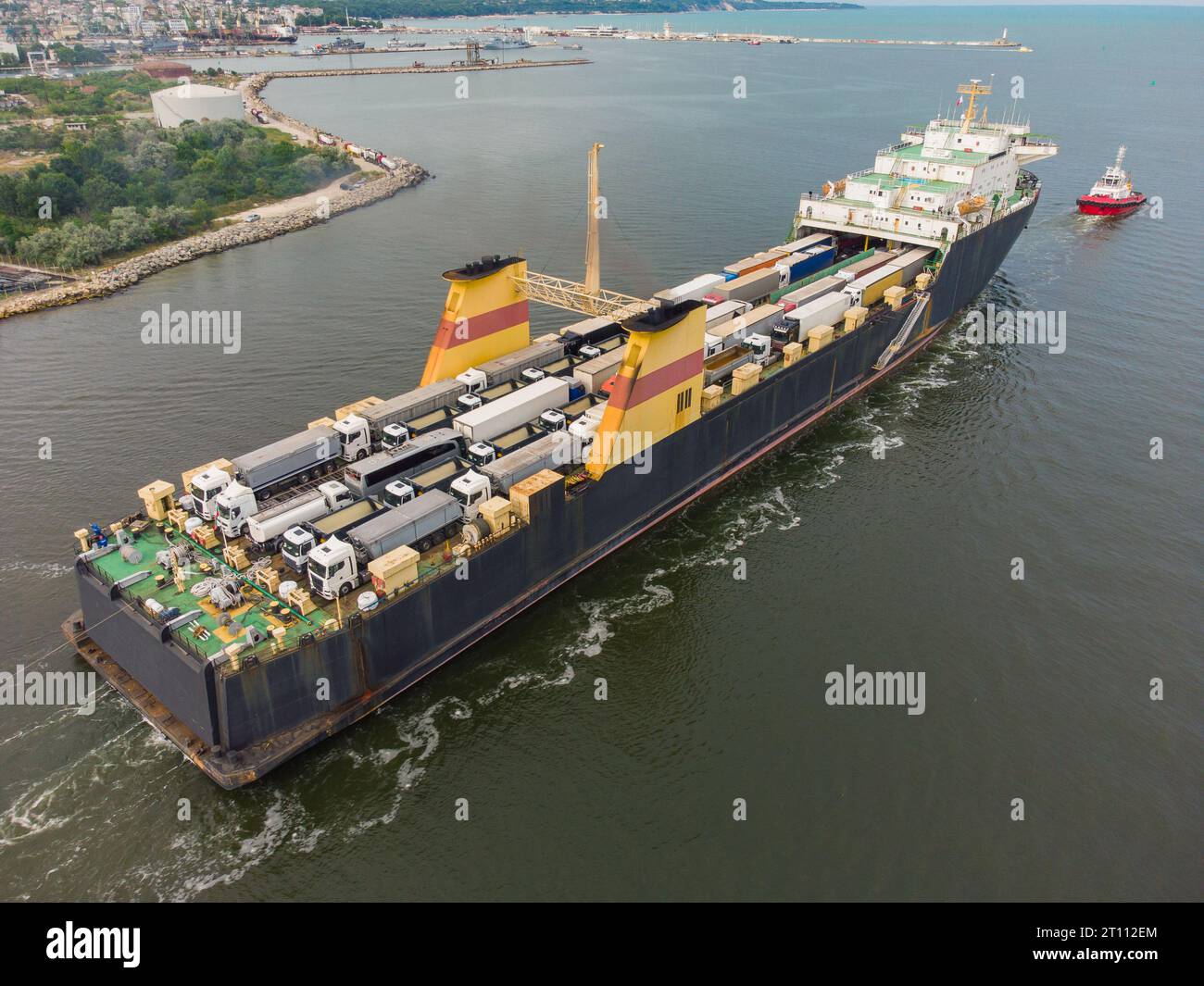 car ferry boat transports trucks in the sea, aerial top view Stock ...