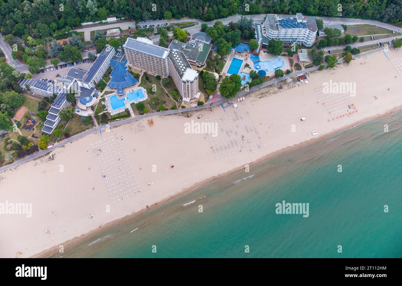 Aerial top view of Albena empty sandy beach resort, Bulgaria Stock ...
