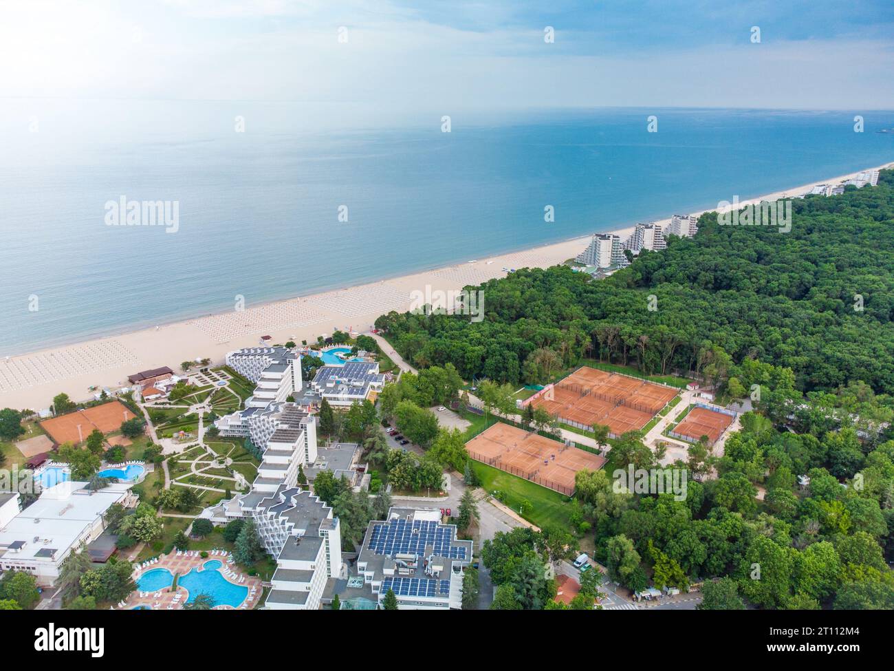 Aerial top view of Albena empty sandy beach resort, Bulgaria Stock ...