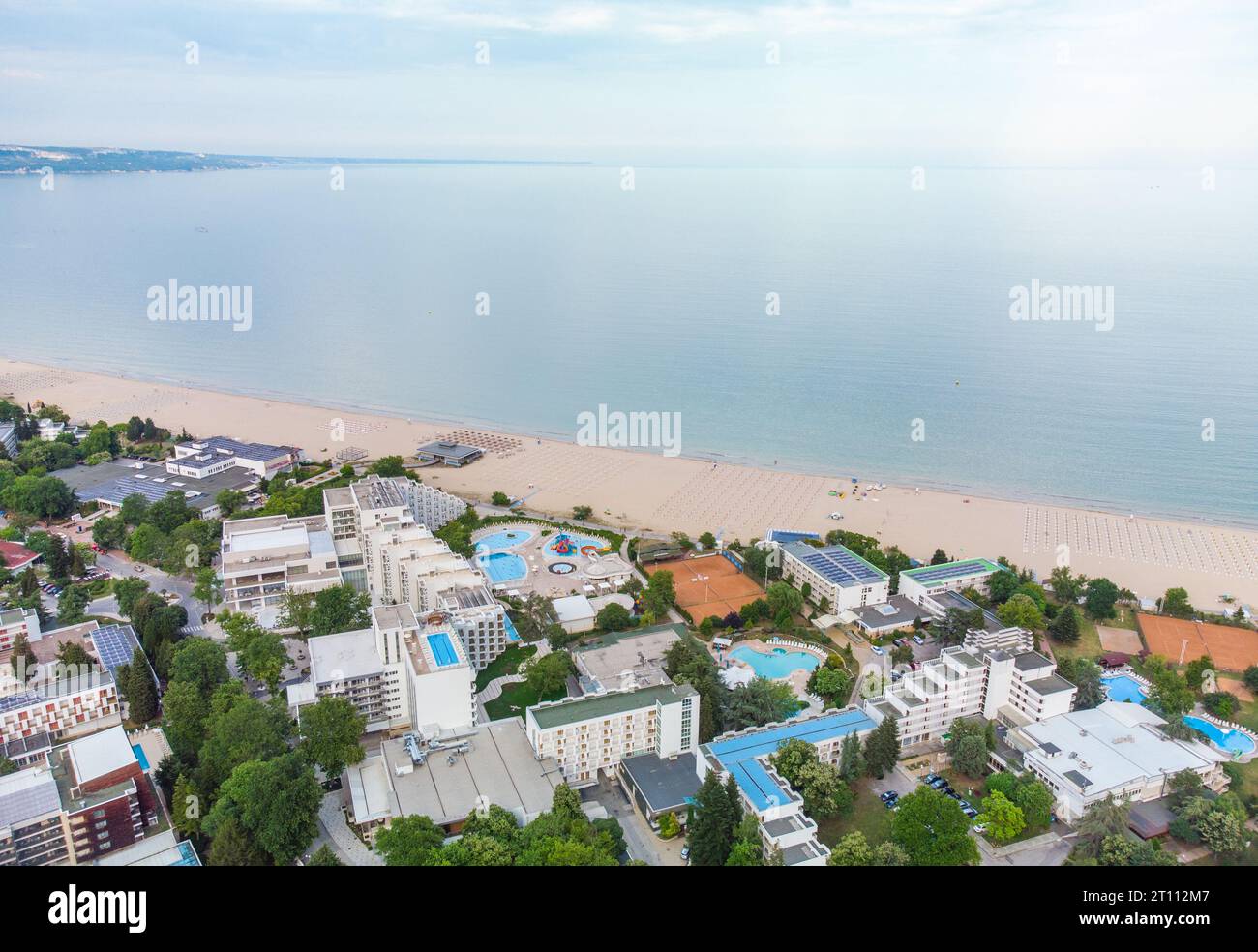 Aerial top view of Albena empty sandy beach resort, Bulgaria Stock ...
