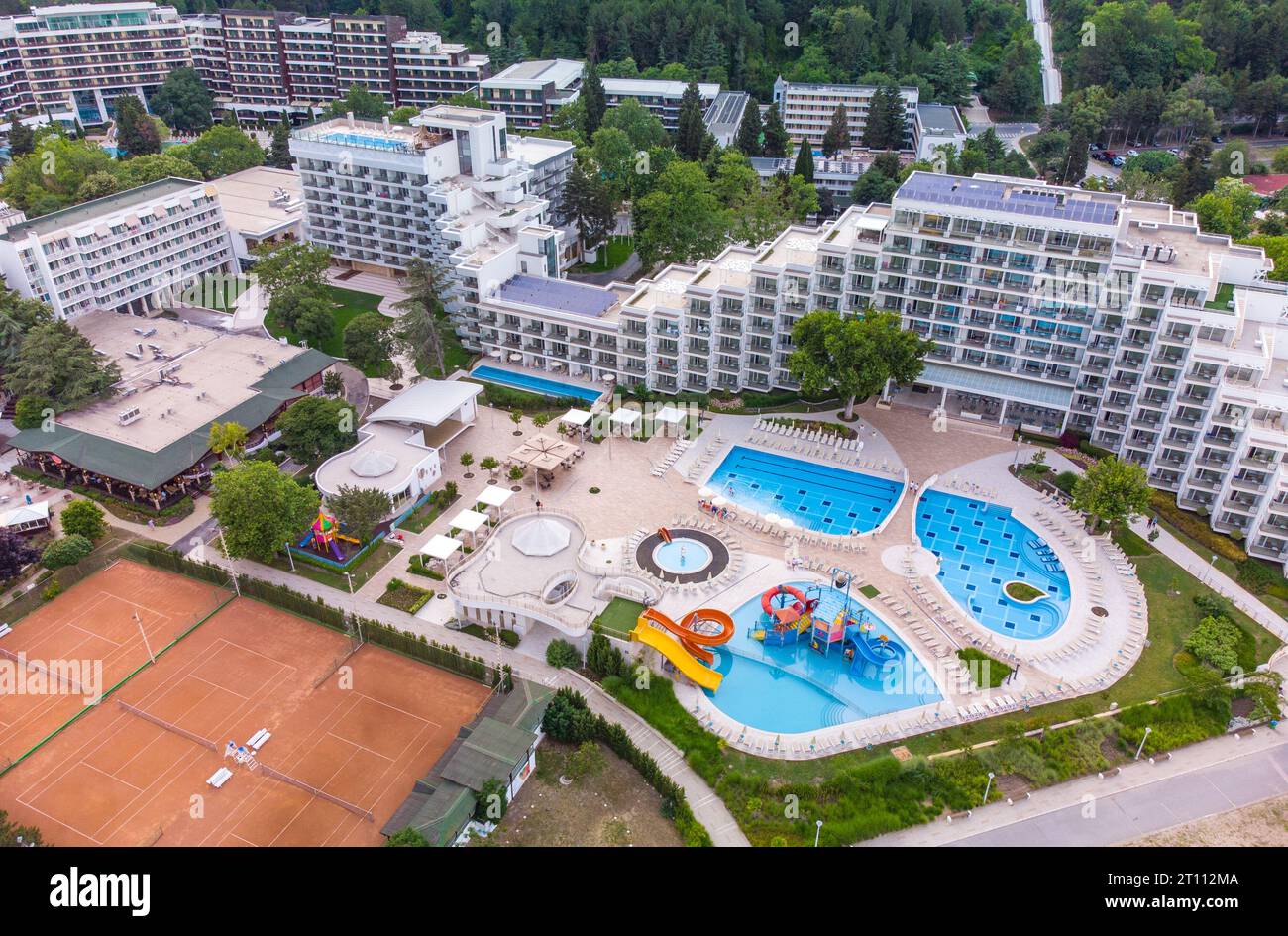 Aerial top view of Albena empty sandy beach resort, Bulgaria Stock ...