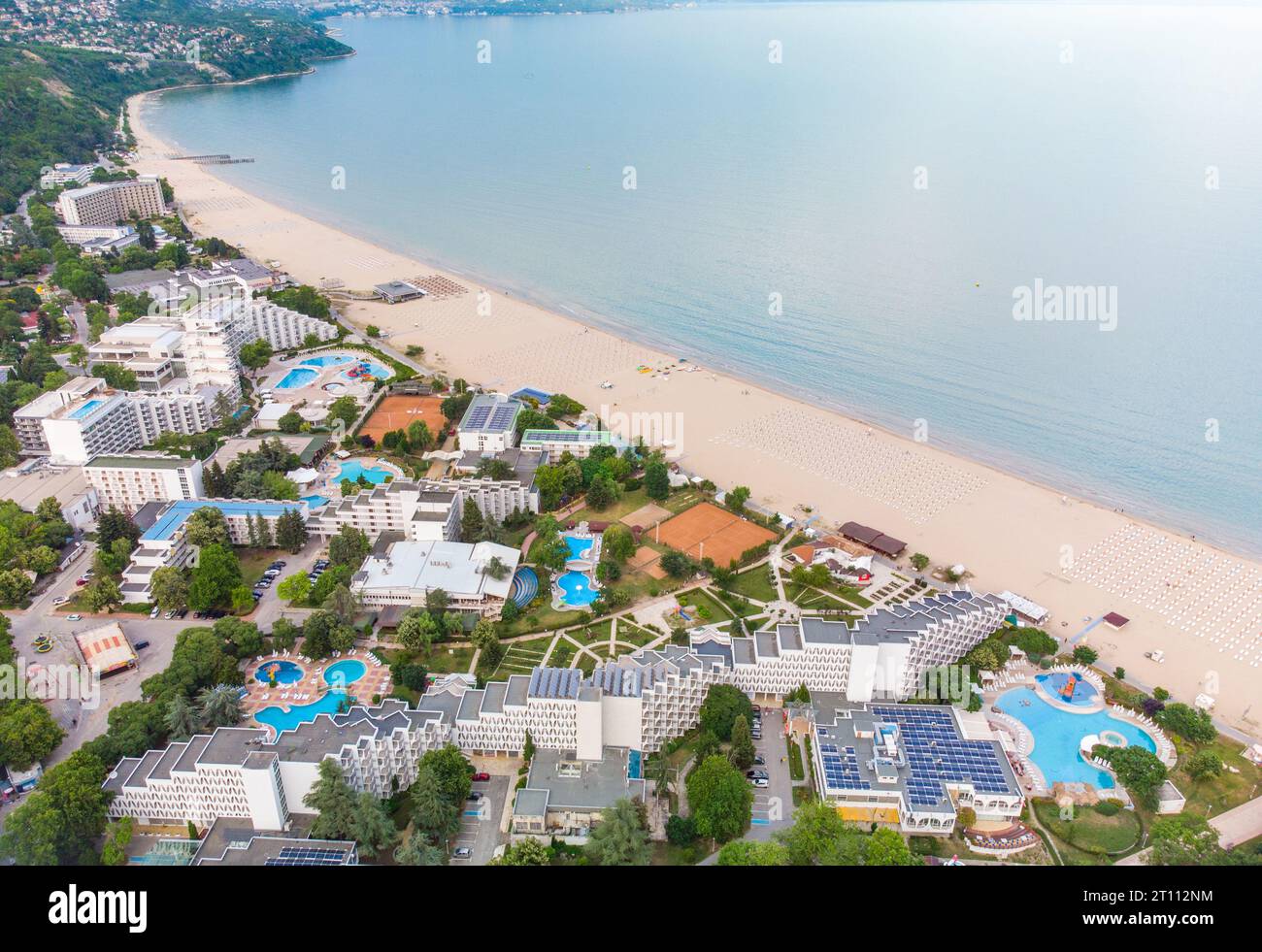 Aerial top view of Albena empty sandy beach resort, Bulgaria Stock ...