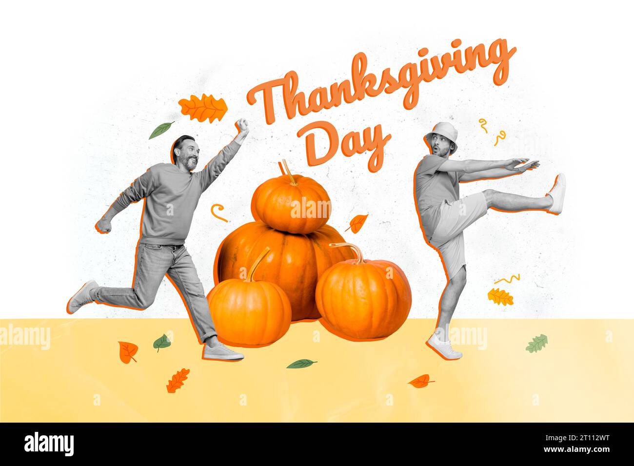 Poster postcard collage of two people running celebrate thanksgiving ...
