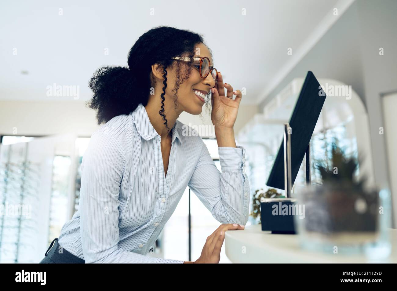 Optometry, glasses and woman with mirror for decision, choice and ...