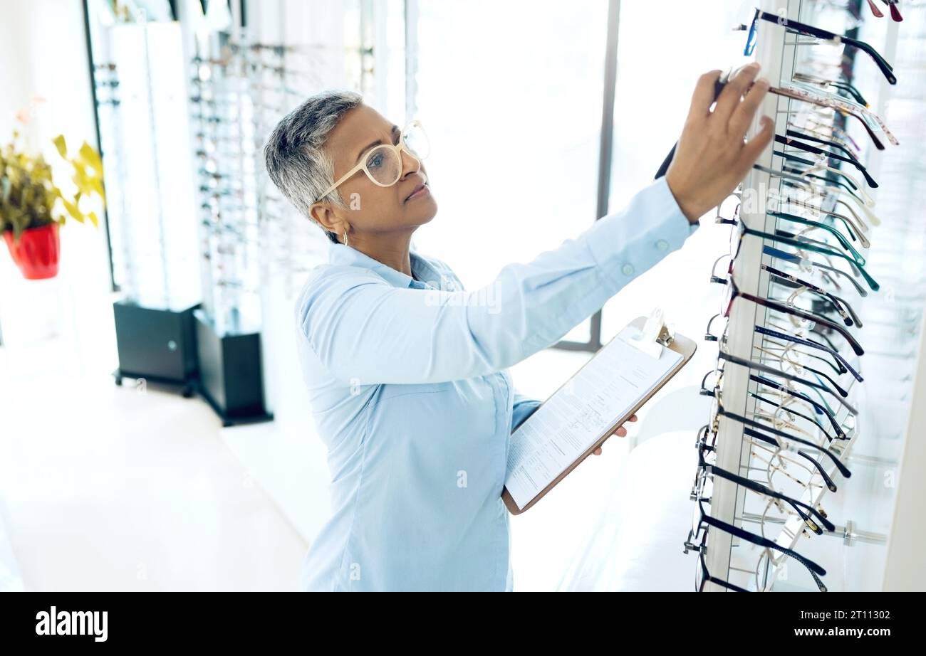 Stock, optometrist or senior woman with glasses checklist in store for ...