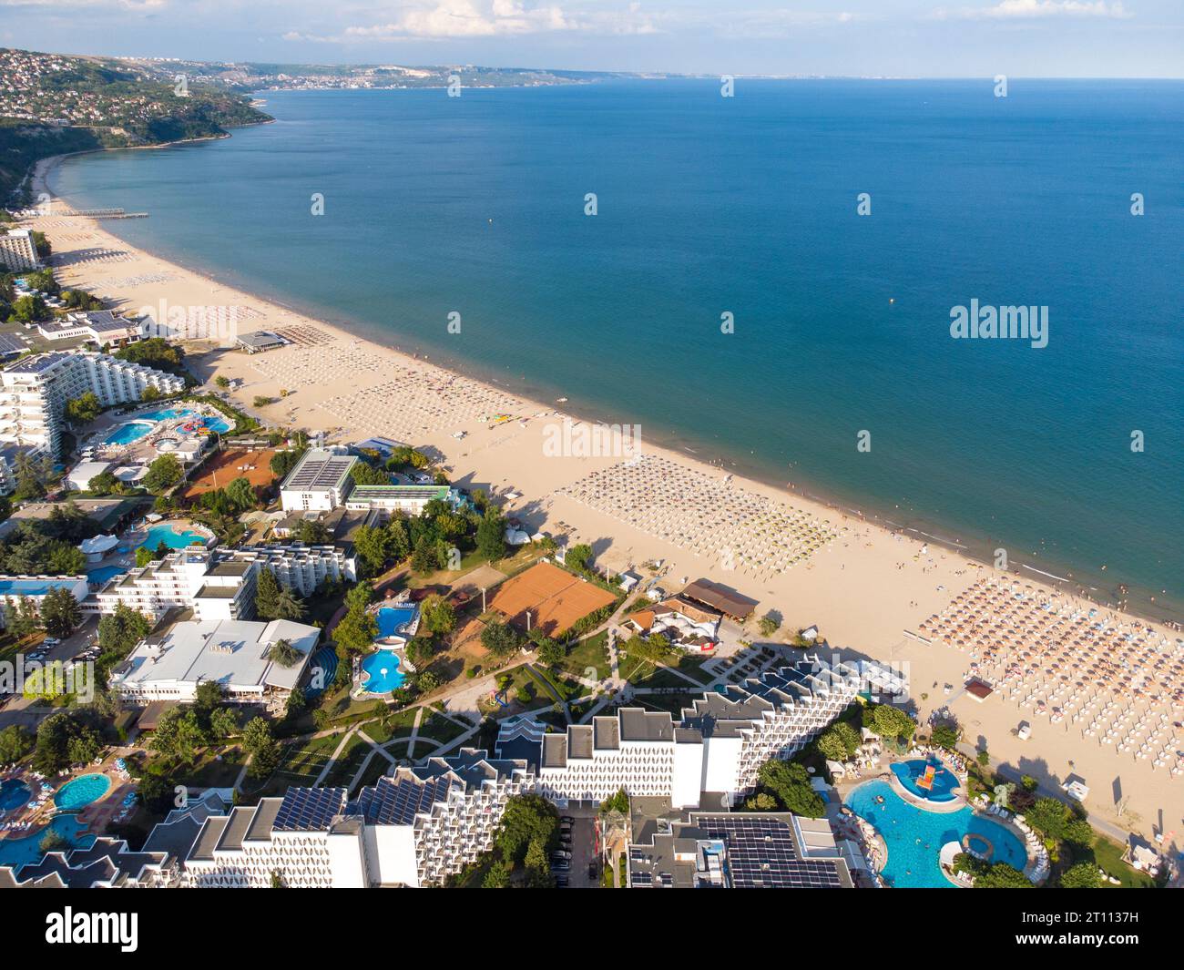 Aerial Top View Of People Crowd Relaxing On Beach In Albena, Bulgaria ...