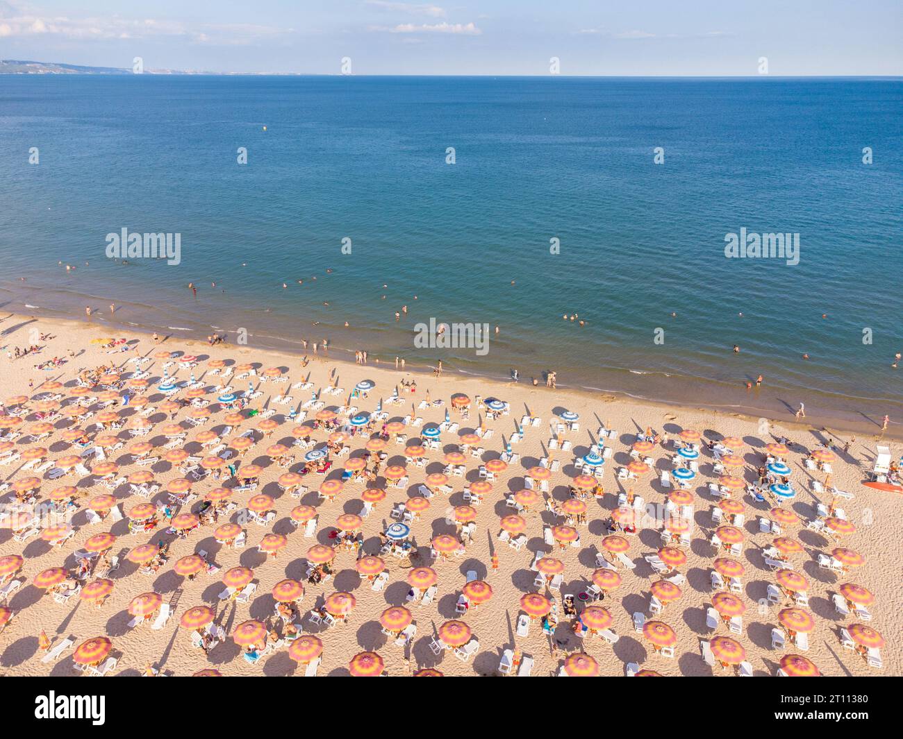 Aerial Top View Of People Crowd Relaxing On Beach In Albena, Bulgaria ...