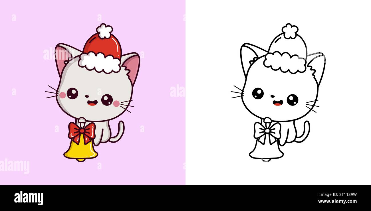 Kawaii Xmas White Cat Multicolored and Black and White. Beautiful Clip ...
