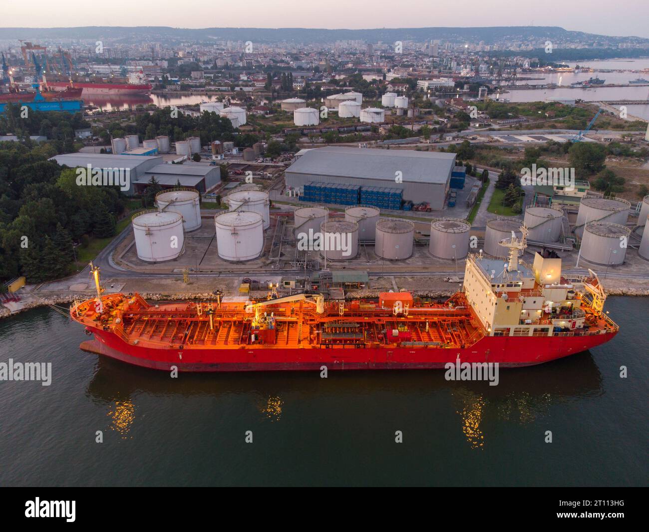 Aerial top view of oil ship tanker and lpg ship at industrial port at ...