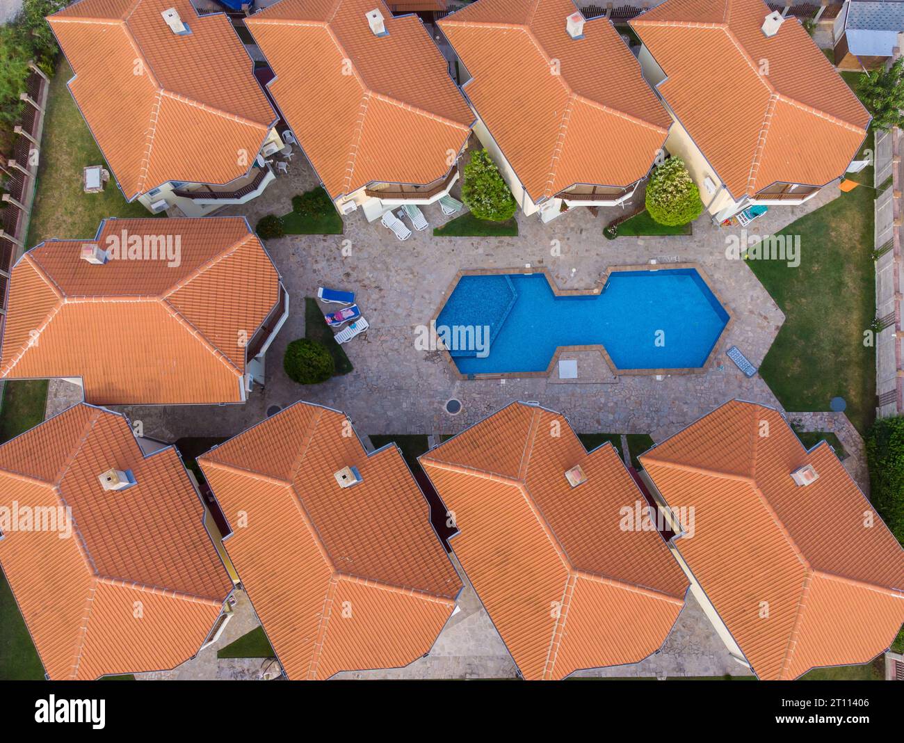 Aerial top view of beautiful luxury outdoor swimming pool in hotel ...