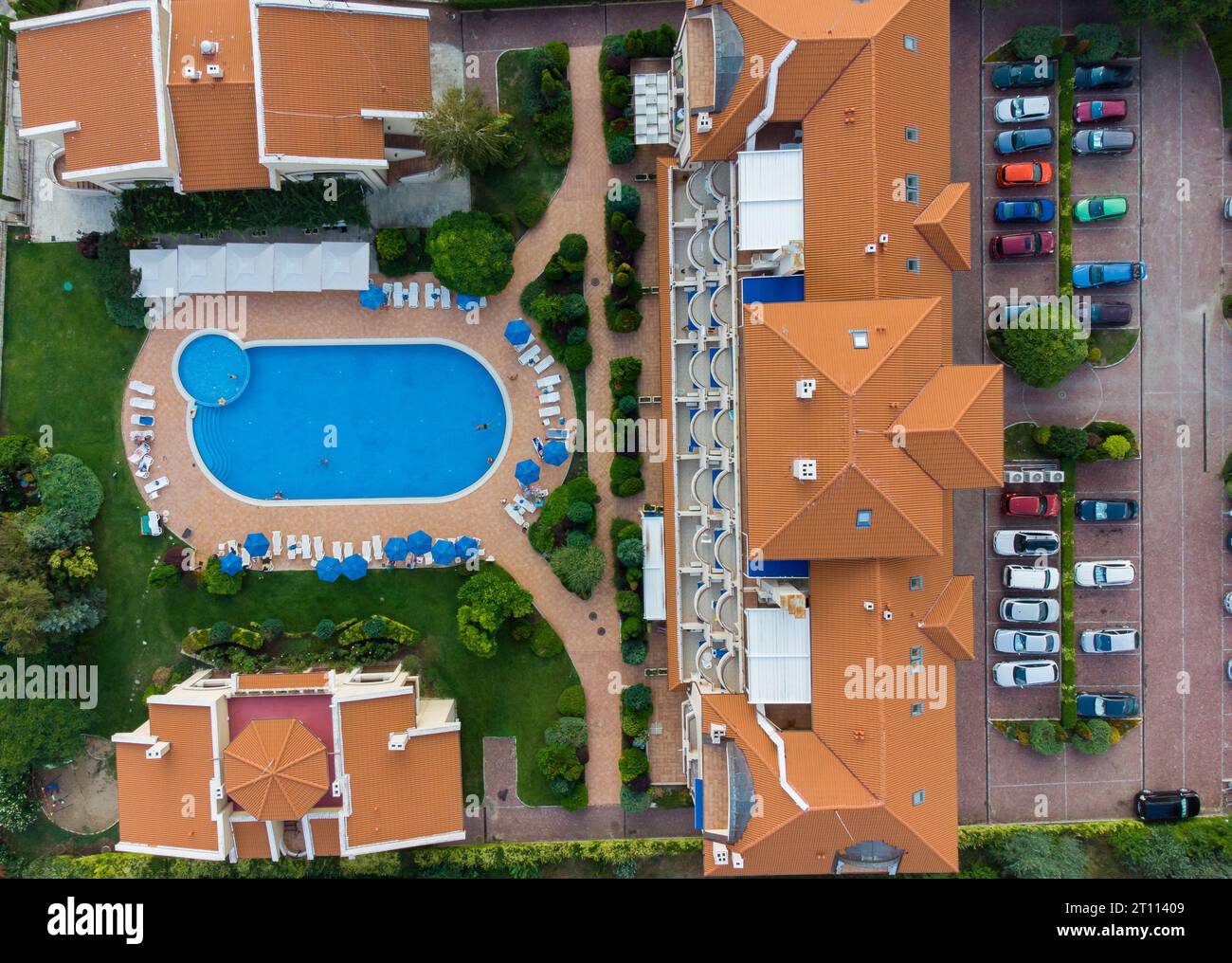 Aerial top view of beautiful luxury outdoor swimming pool in hotel ...