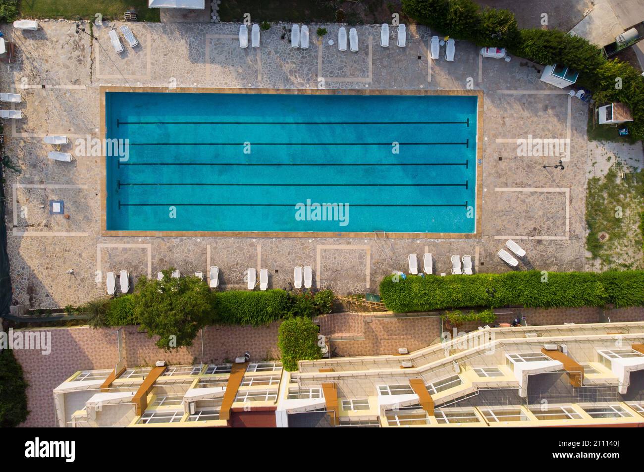 Aerial top view of beautiful luxury outdoor swimming pool in hotel ...