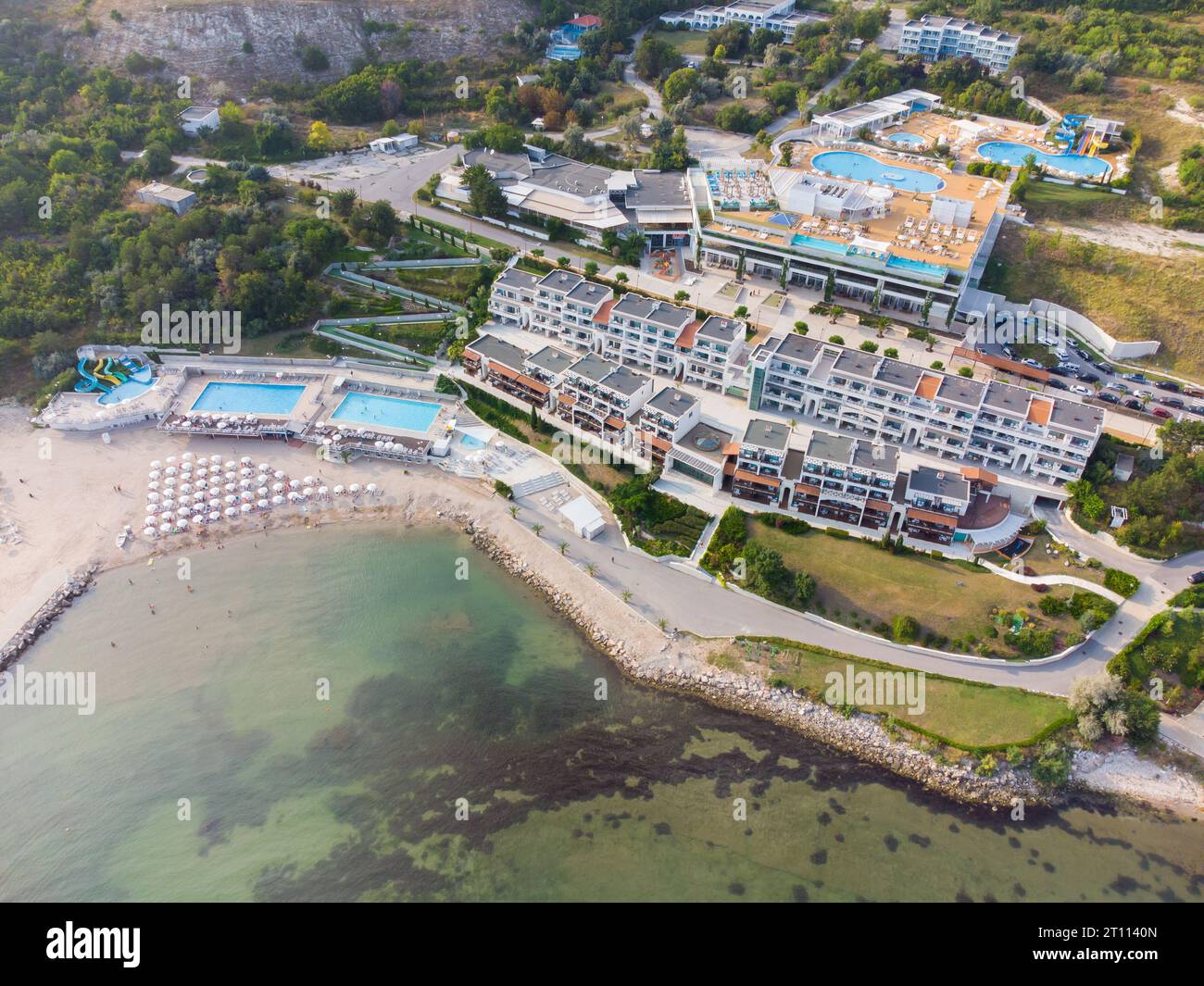 Aerial top view of beautiful luxury outdoor swimming pool in hotel ...
