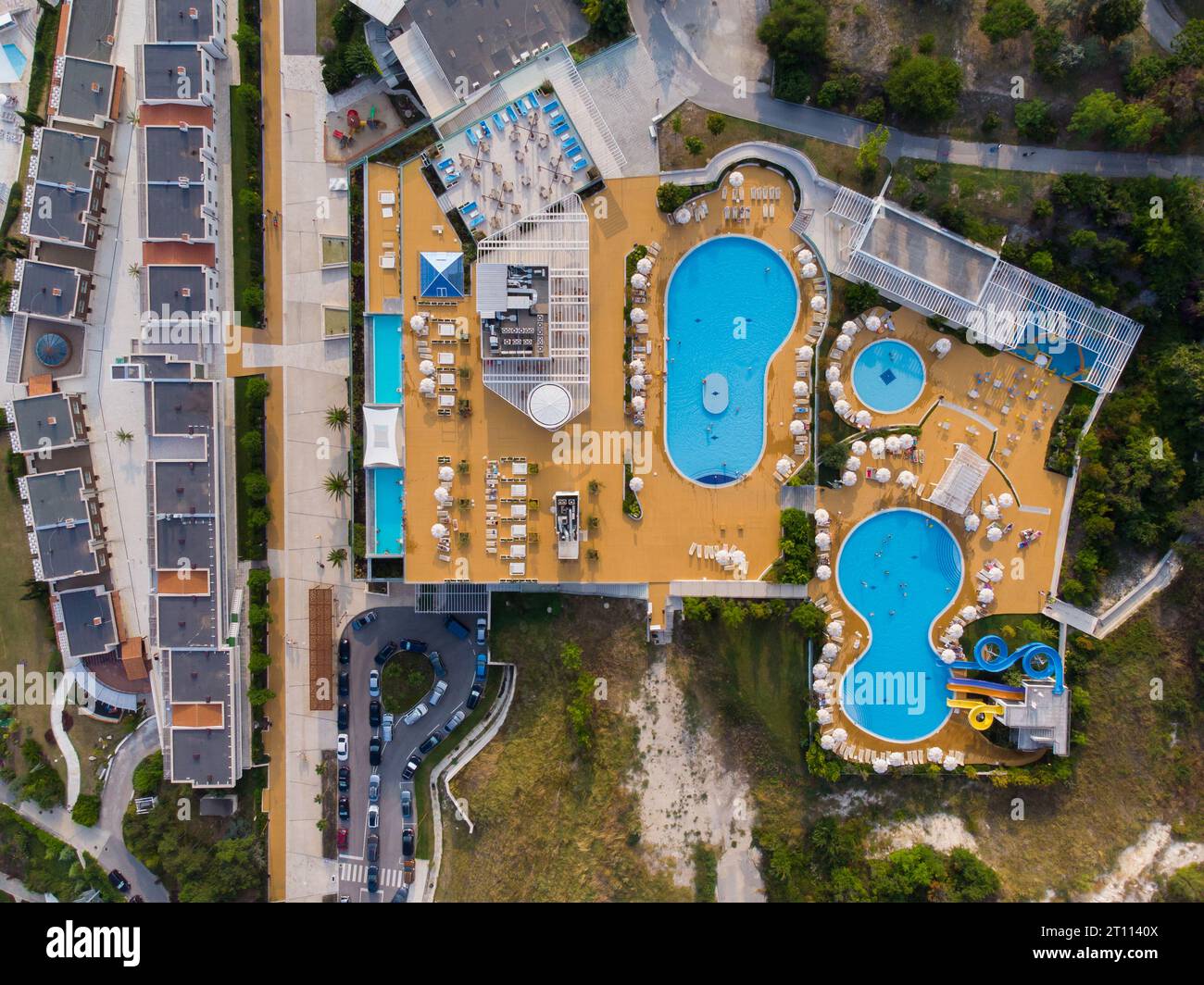 Aerial top view of beautiful luxury outdoor swimming pool in hotel ...