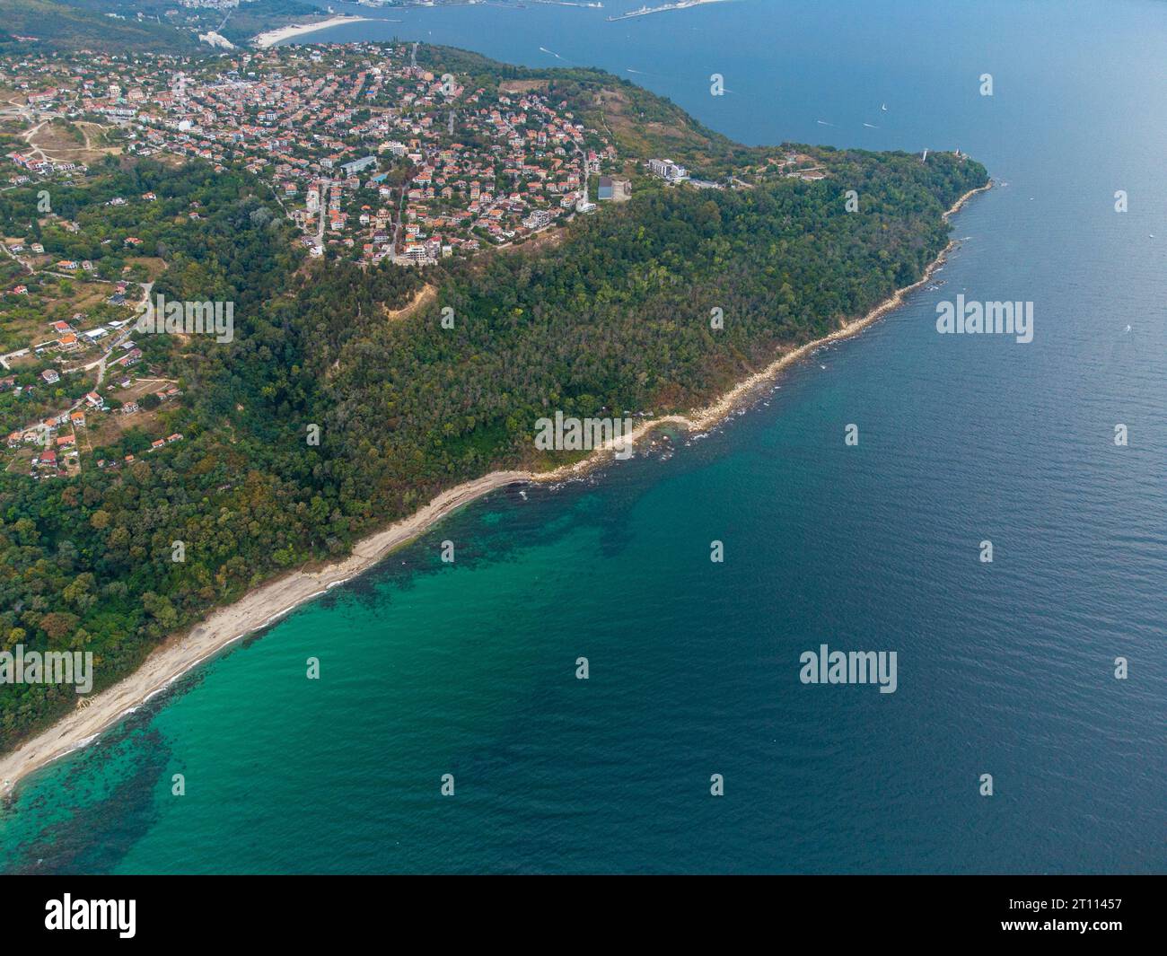 Flying above the beautiful wild beach and forest near the Varna city ...