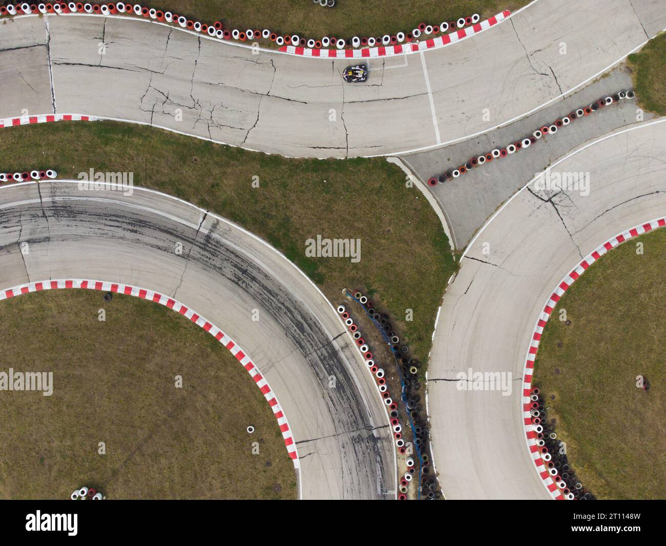 aerial top view of the karting track during the race. Several racing ...