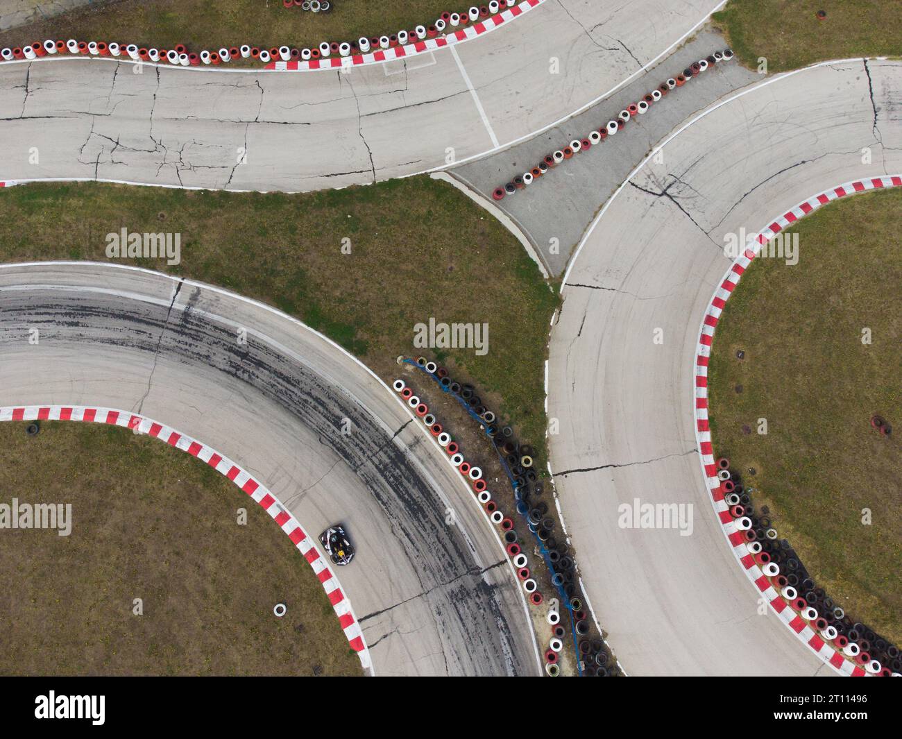 aerial top view of the karting track during the race. Several racing ...