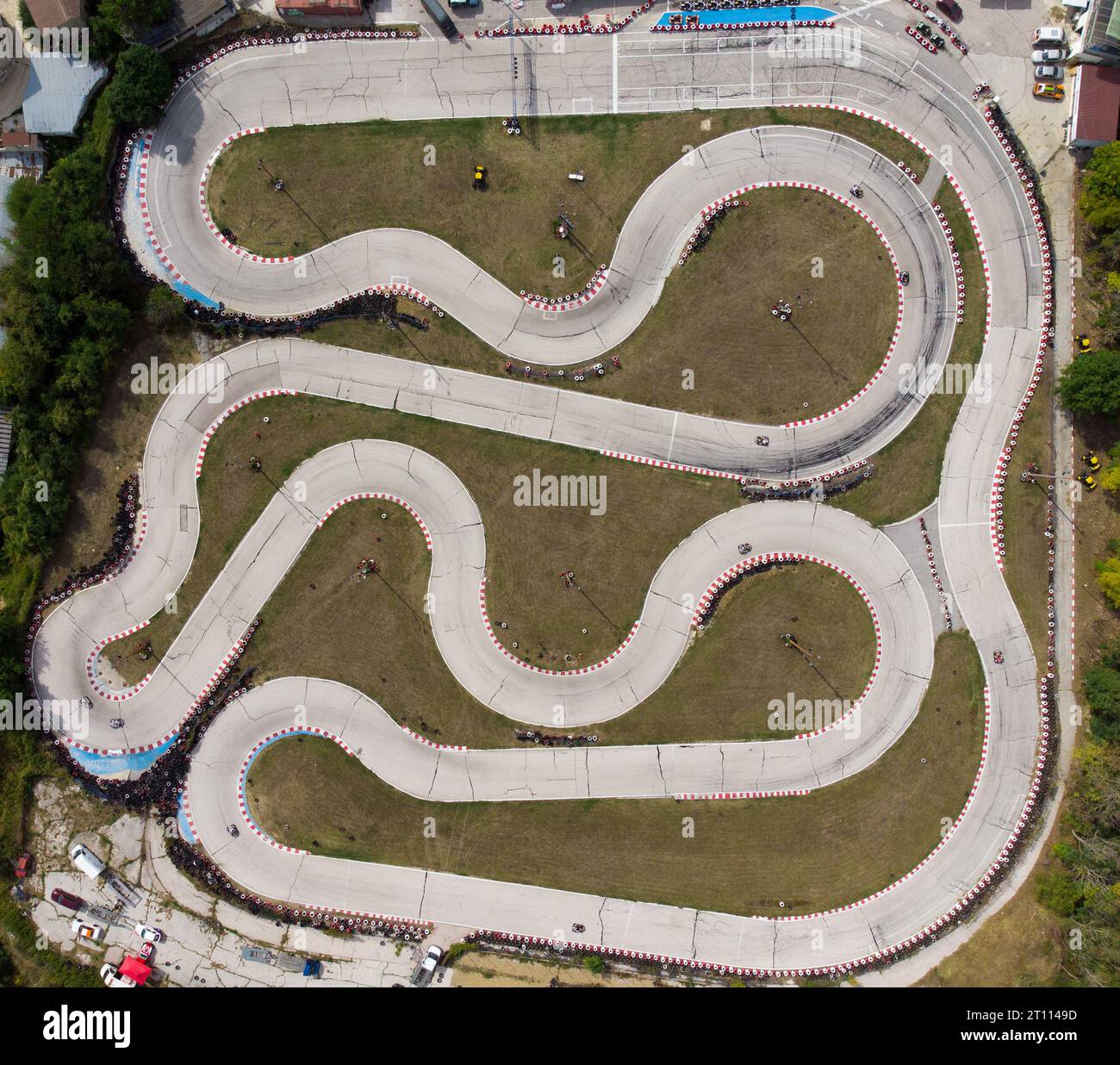 aerial top view of the karting track during the race. Several racing ...