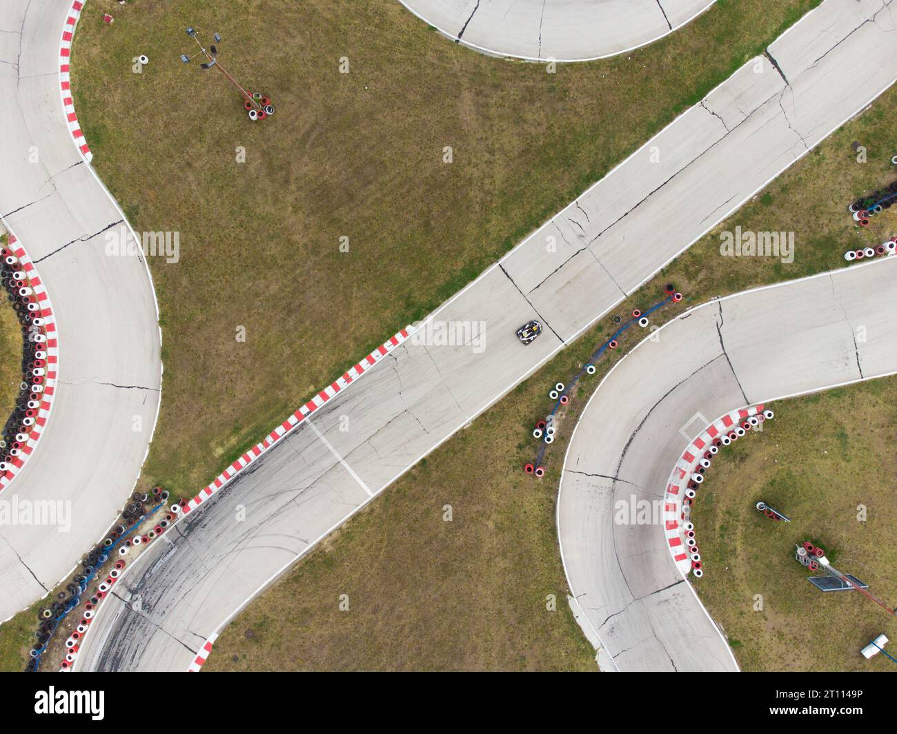 aerial top view of the karting track during the race. Several racing ...