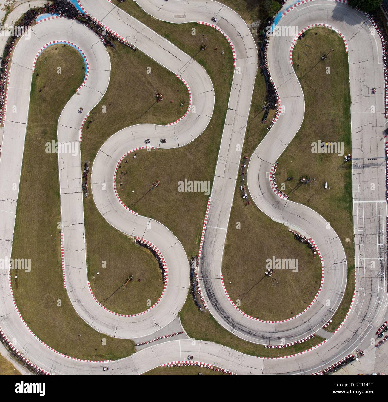 aerial top view of the karting track during the race. Several racing ...