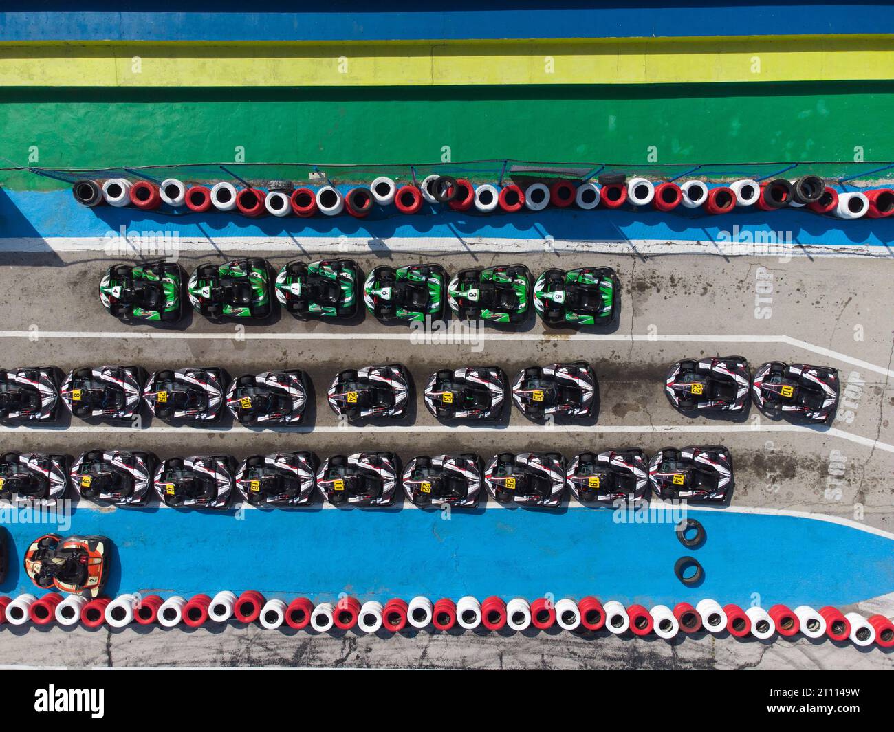 aerial top view of the karting track during the race. Several racing ...