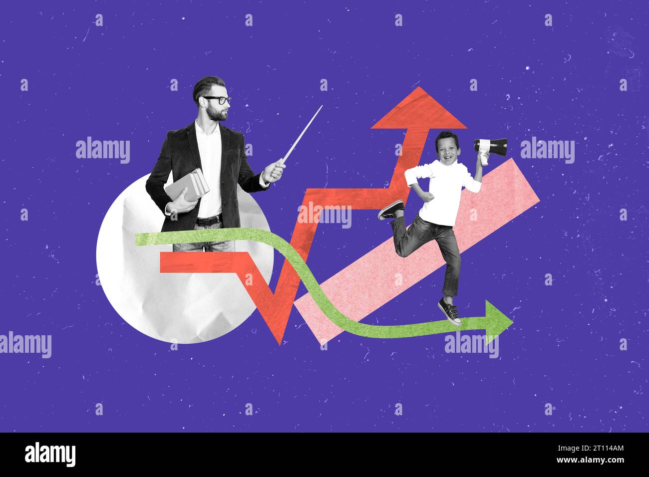 Collage banner of young child schoolboy jumping announce new lecture ...