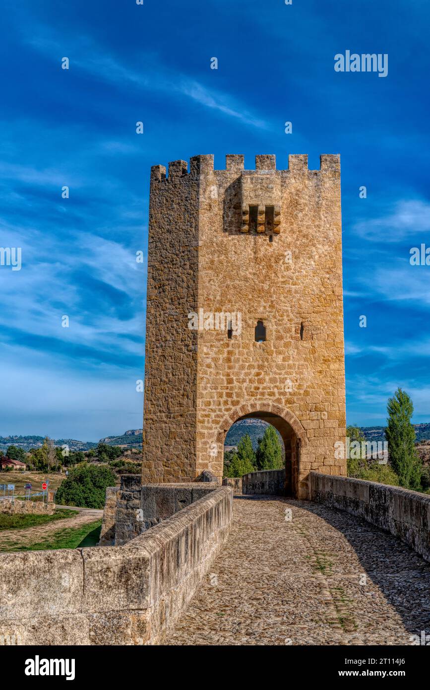Medieval tower Frias bridge Spain over River Ebro Burgos province ...