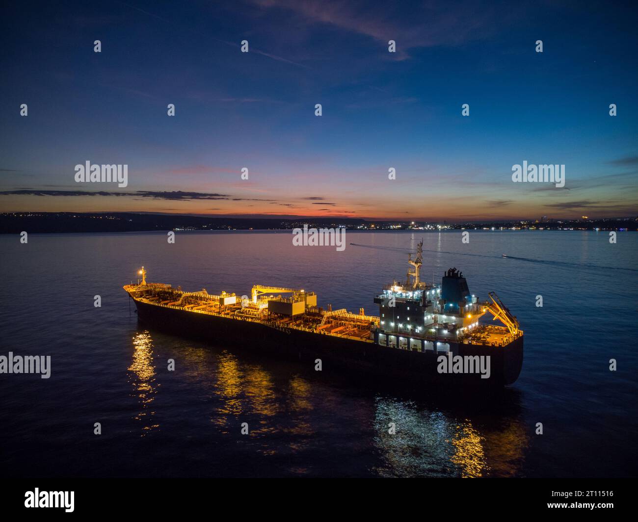 Aerial top view oil ship tanker carrier oil on the sea at night Stock ...