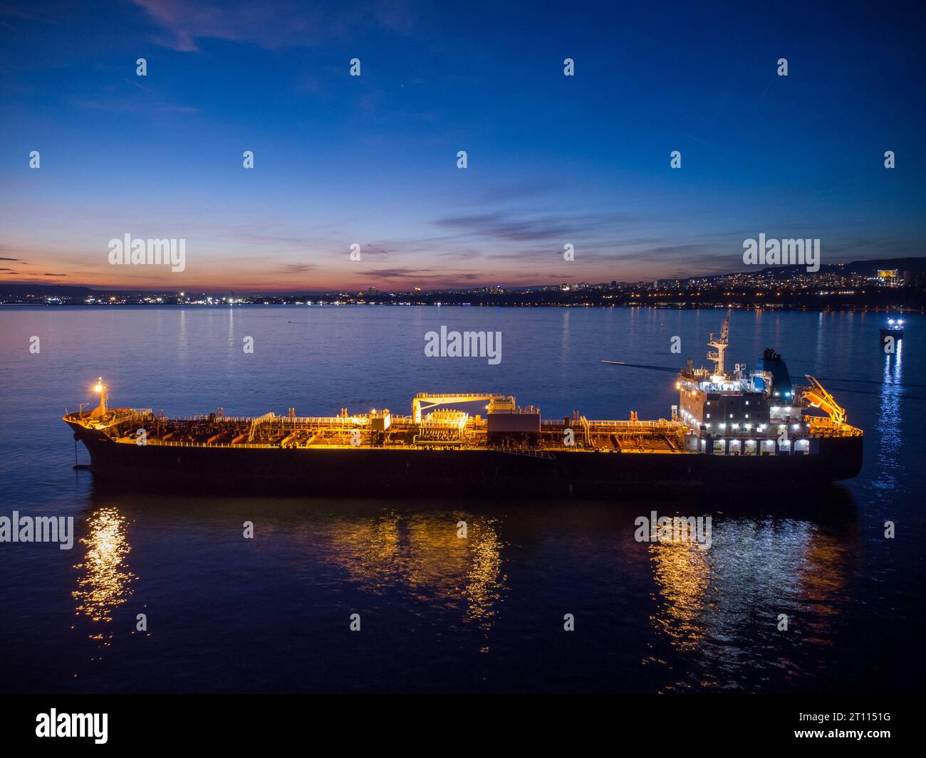 Aerial top view oil ship tanker carrier oil on the sea at night Stock ...