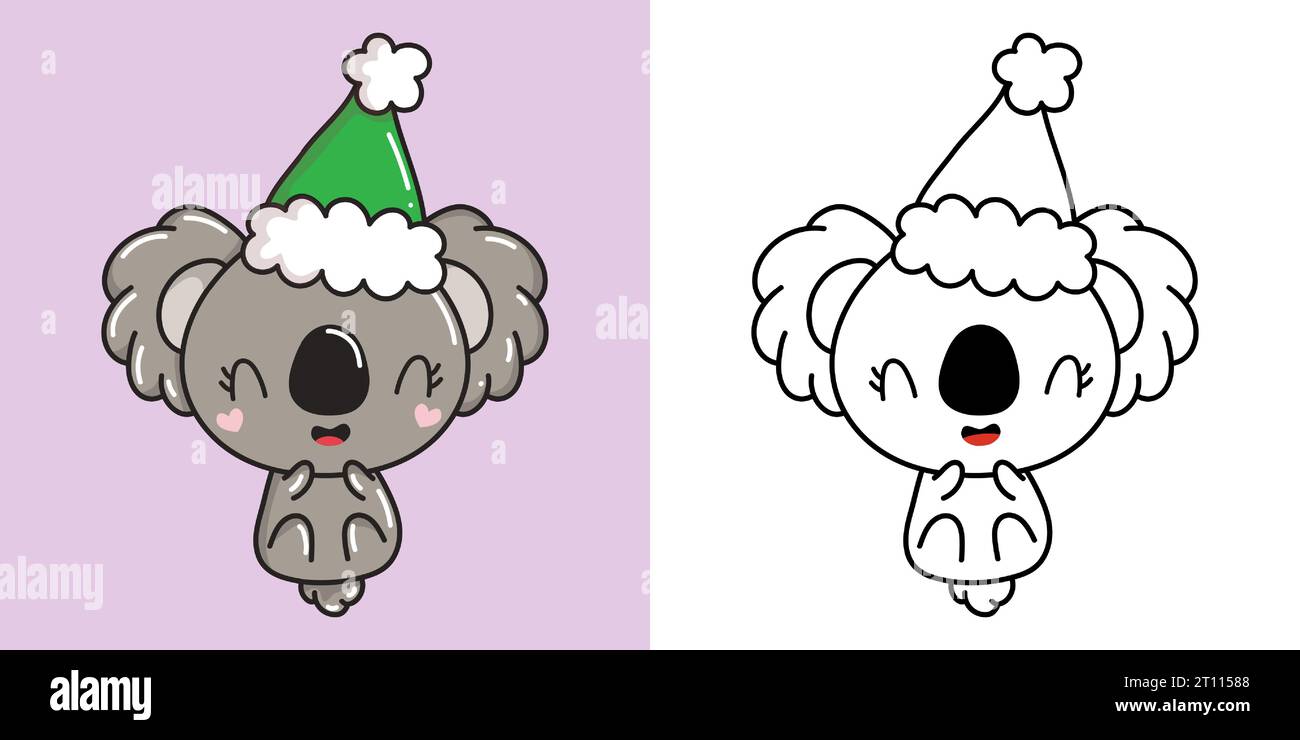 Kawaii New Year Koala Bear Clipart Multicolored and Black and White ...