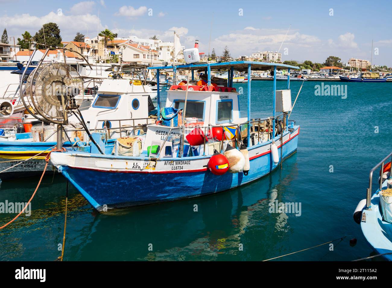 Traditional Cypriot fishing boats moored in Zygi Harbour, Cyprus Stock ...