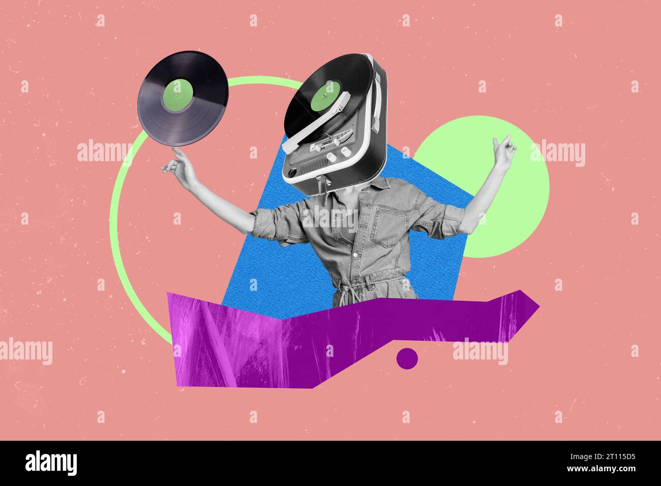 Collage image of black white effect dancing girl arm finger spin vinyl ...
