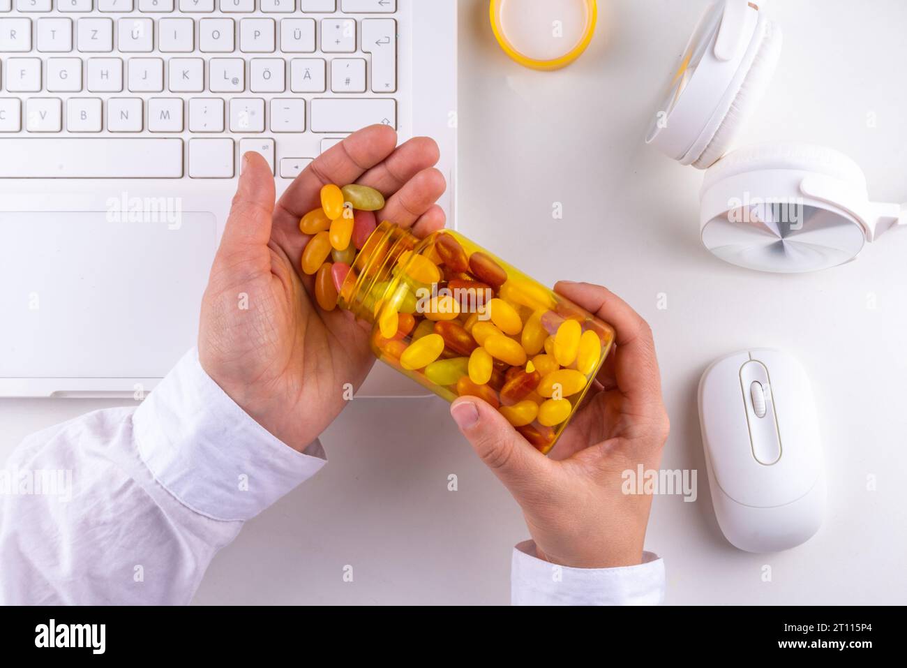 Gummy Vitamins and supplement for adults. Woman eats sweet jelly ...