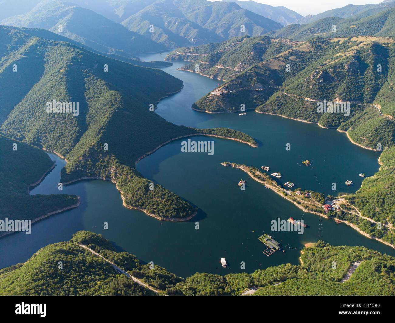 Aerial top panoramic view of the Vacha Reservoir located in Bulgaria ...