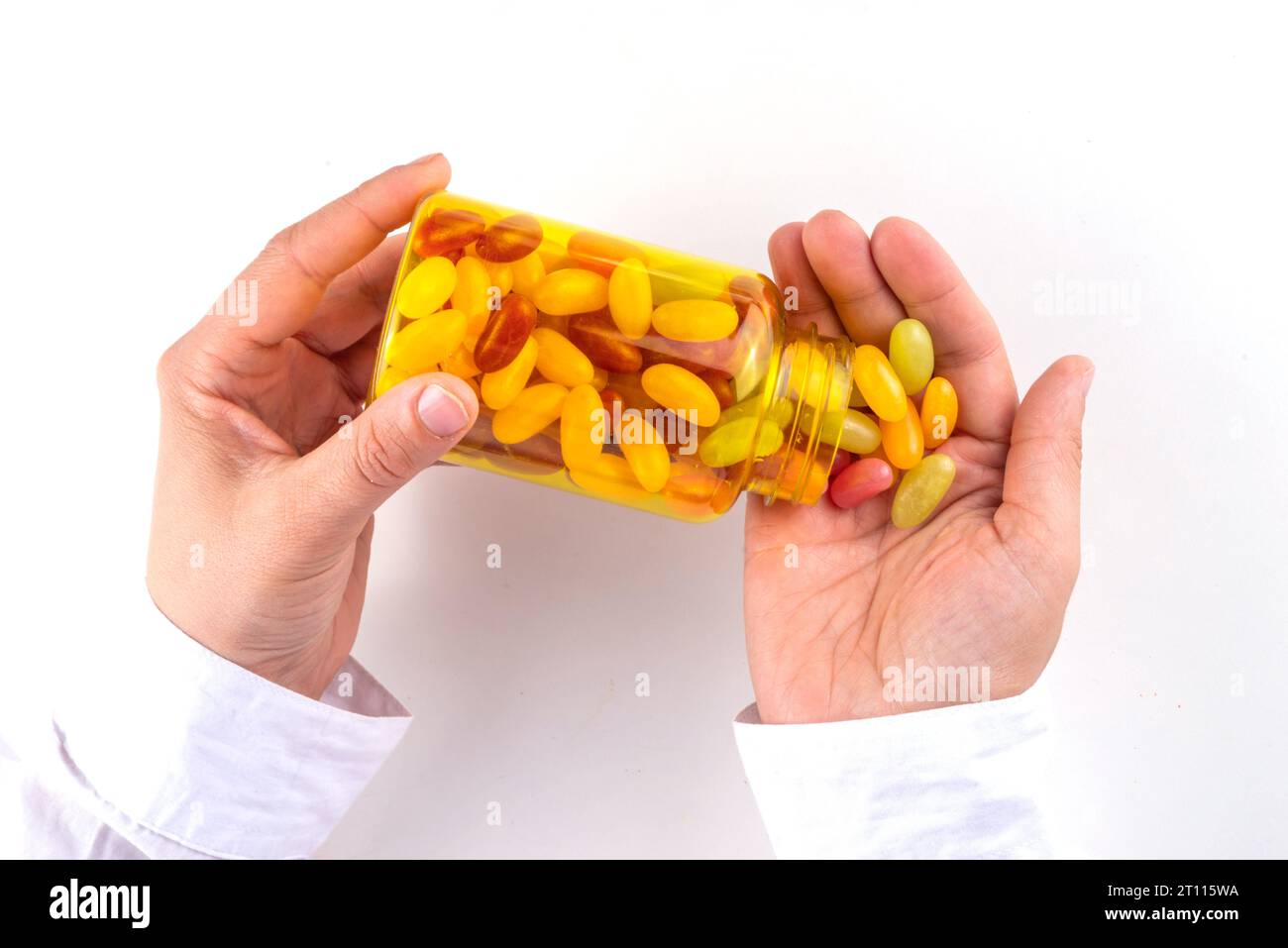 Gummy Vitamins and supplement for adults. Woman eats sweet jelly ...