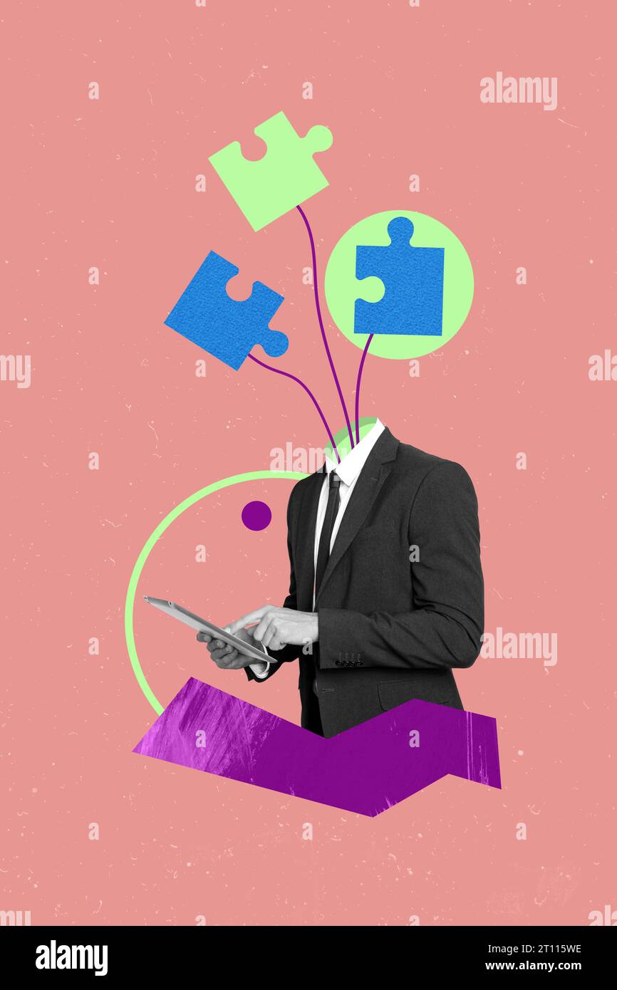 Collage graphics picture of puzzled worker jigsaw elements instead of ...