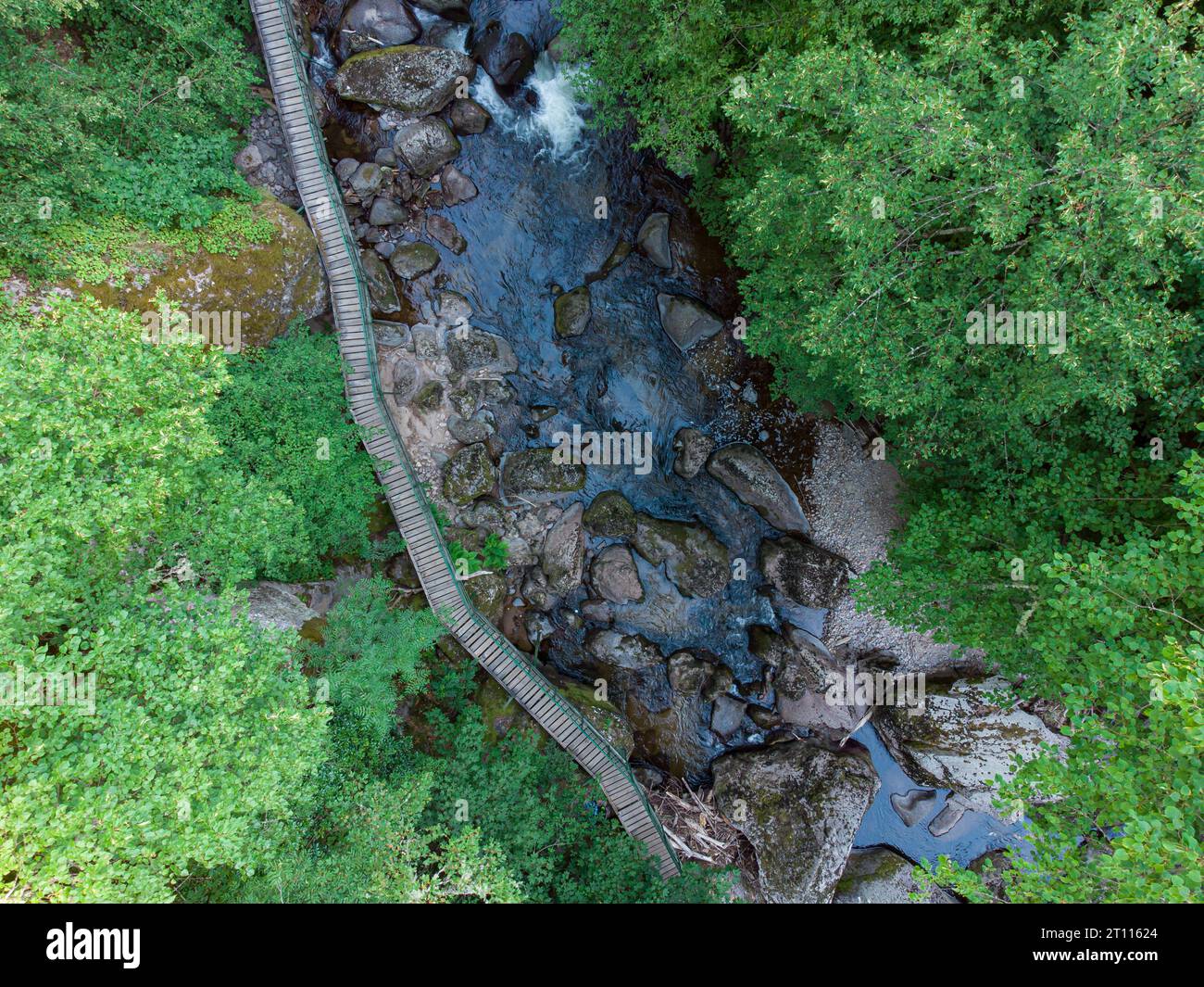Aerial top view of a stream in the forest in Rhodope Mountains near the ...