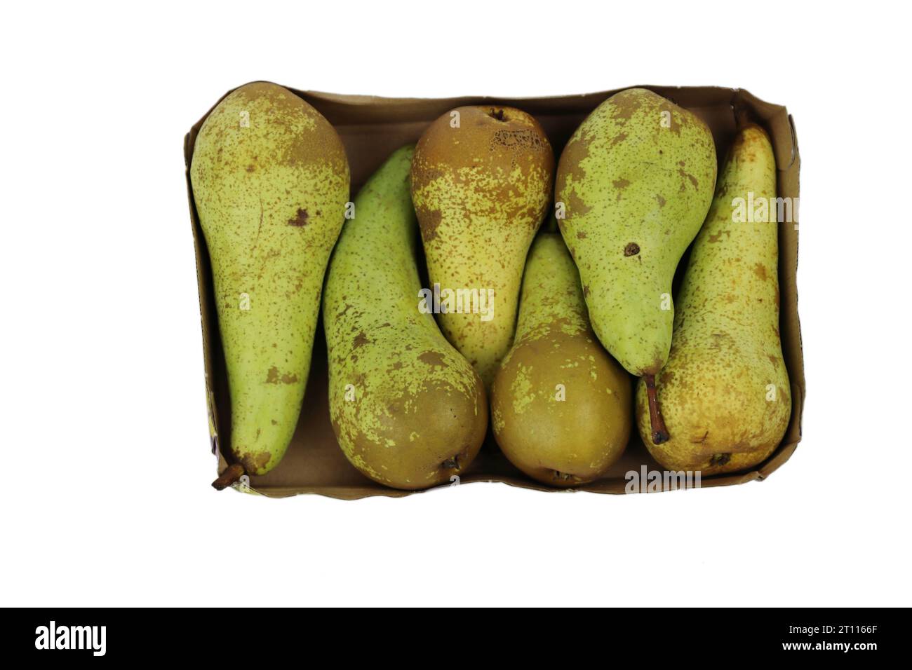 Pile of green ripe pears Conference packaged in rectangle carton ...