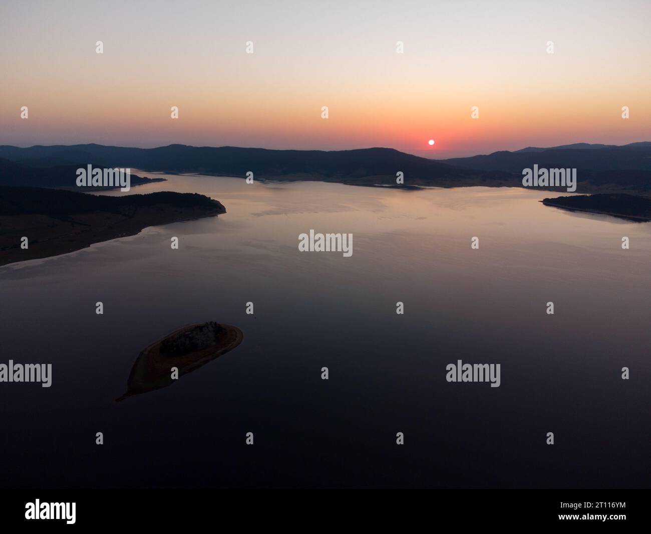 Aerial top view of Island on a Batak Reservoir located in Bulgaria in ...