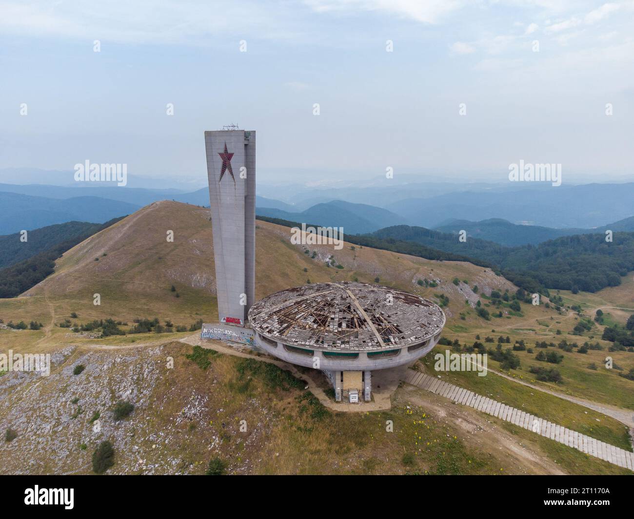 Aerial top view of an abandoned soviet monument Buzludzha made in the ...