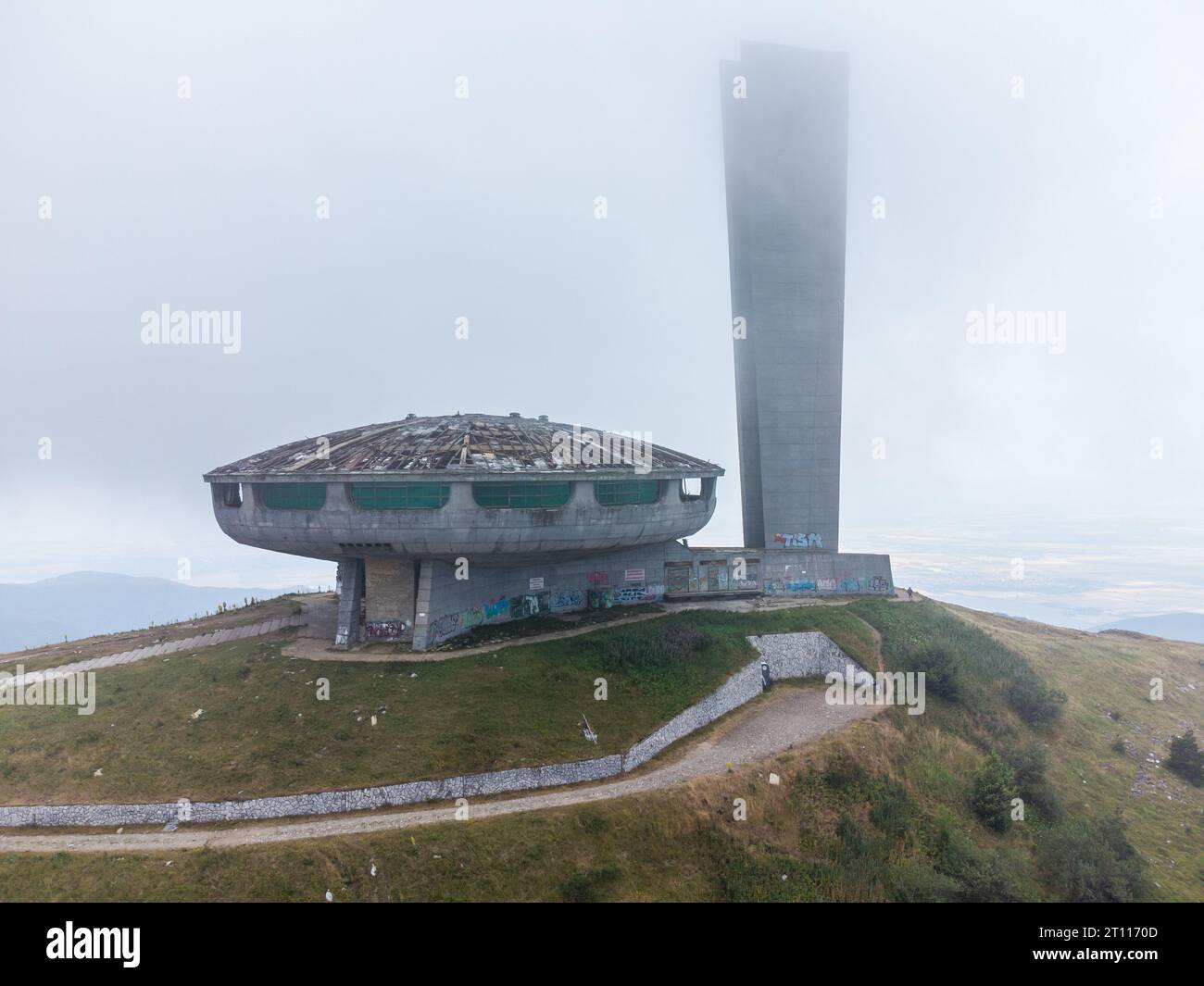 Aerial top view of an abandoned soviet monument Buzludzha made in the ...
