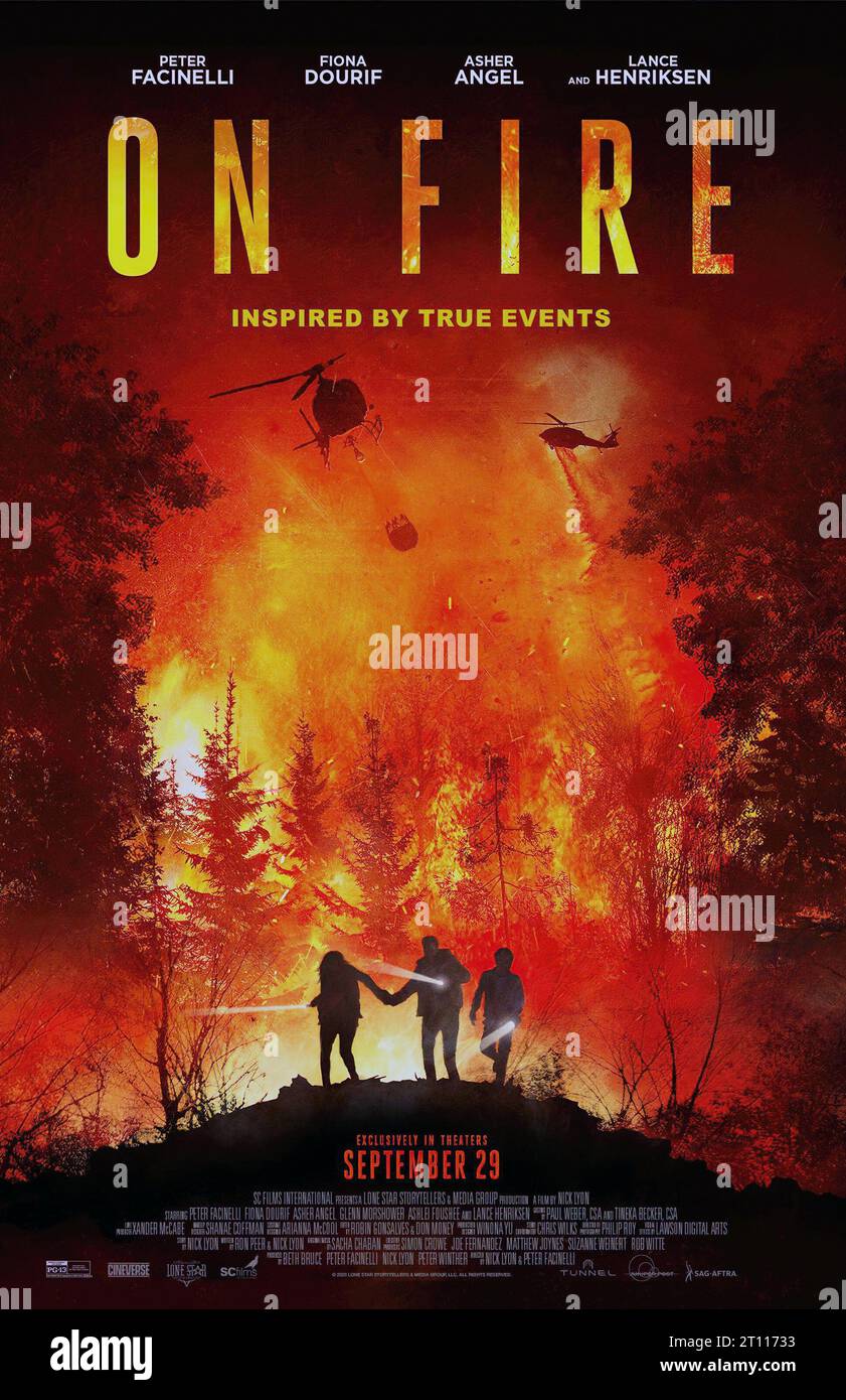 ON FIRE, US poster, from left: Fiona Dourif, Peter Facinelli, Asher ...